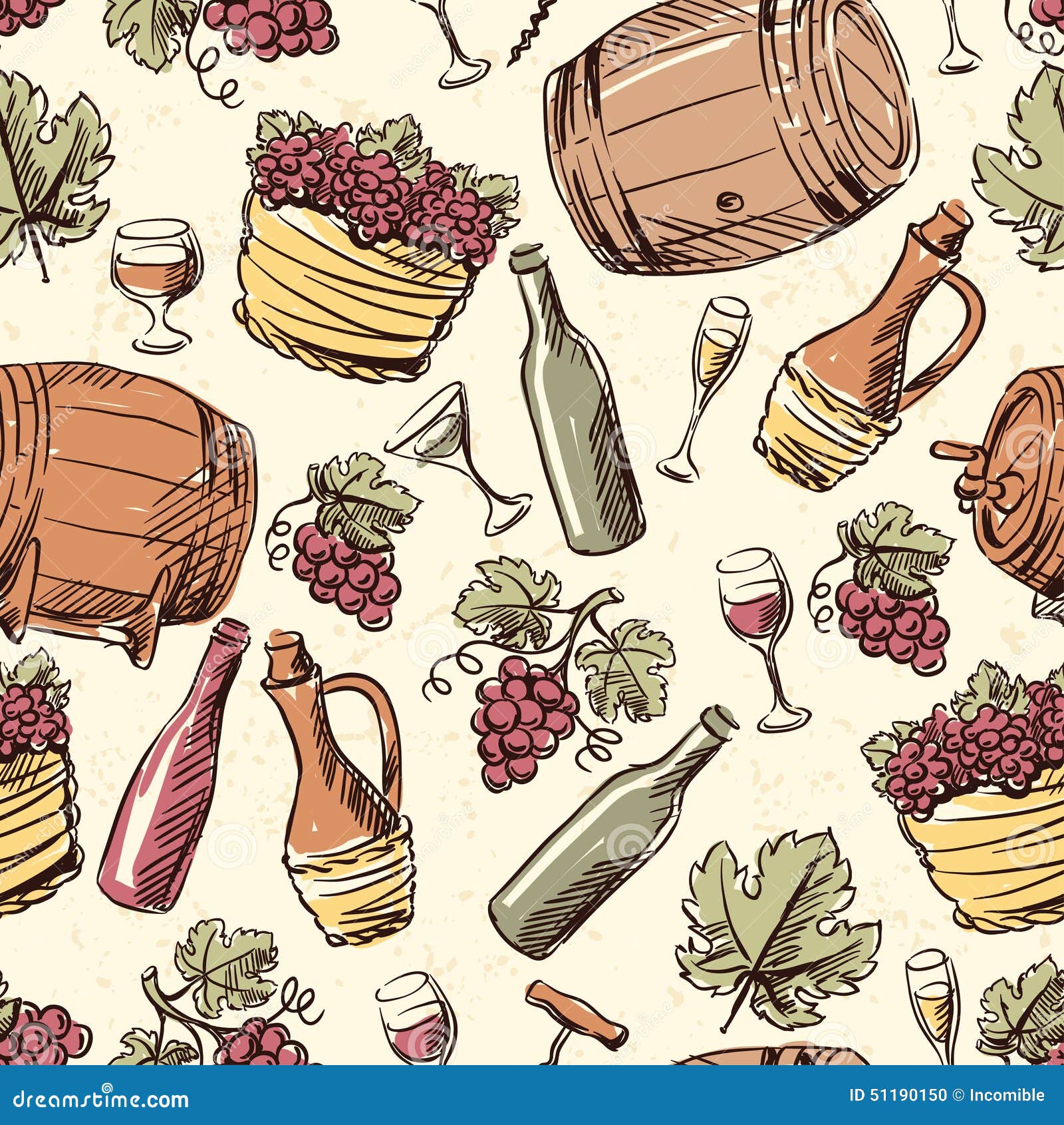 Wine Vintage Hand Drawn Seamless Pattern Stock Vector - Illustration of ...