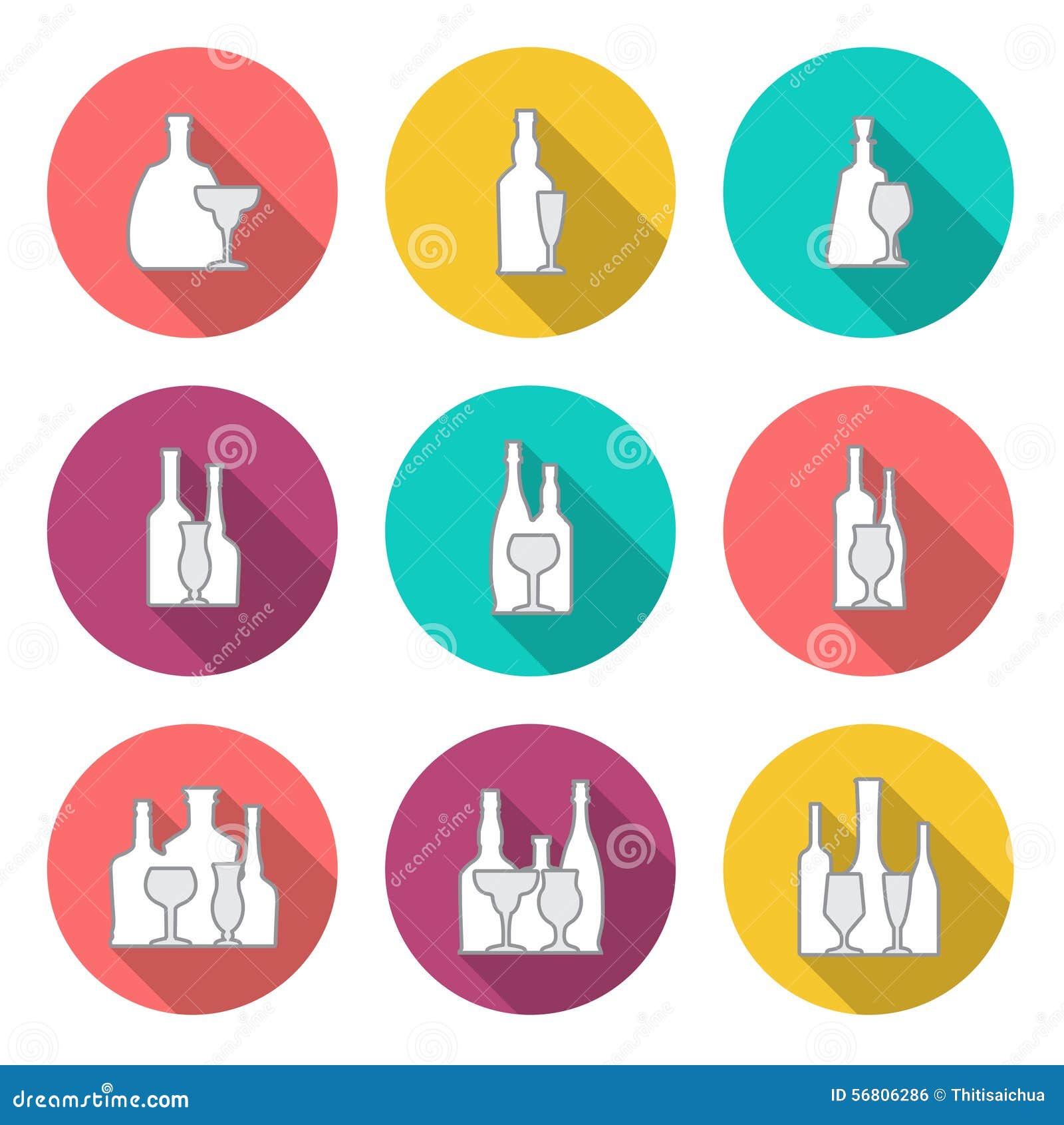 Wine and Whiskey Bottle Circular Flat Icon on White Stock Vector - Illustration of silhouette ...