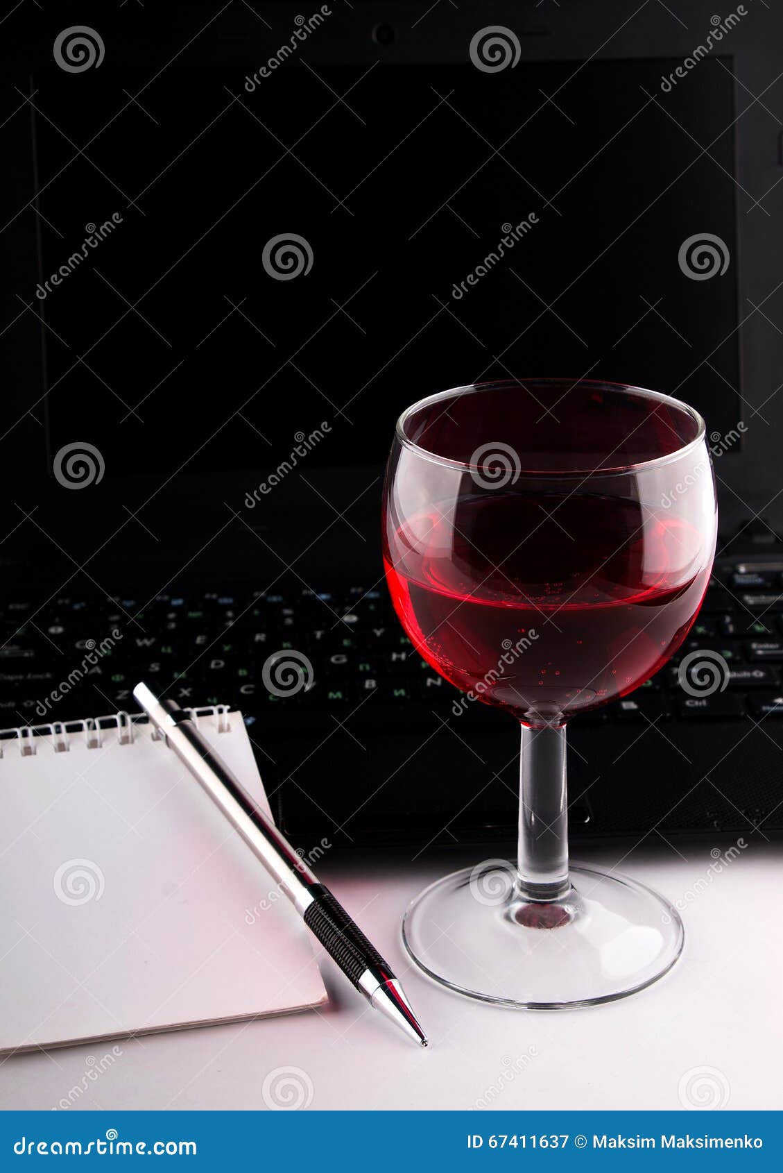Wineglass, Laptop and Notebook Stock Image - Image of notebook ...