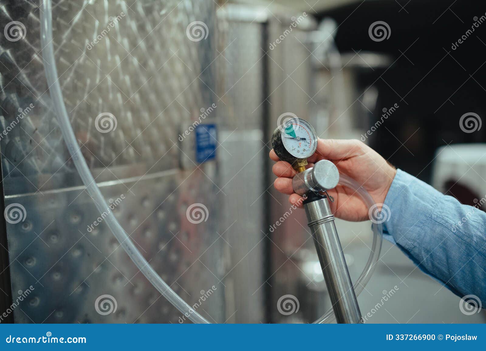 Winemaker Standing in the Wine Cellar, Controlling Pressure in ...