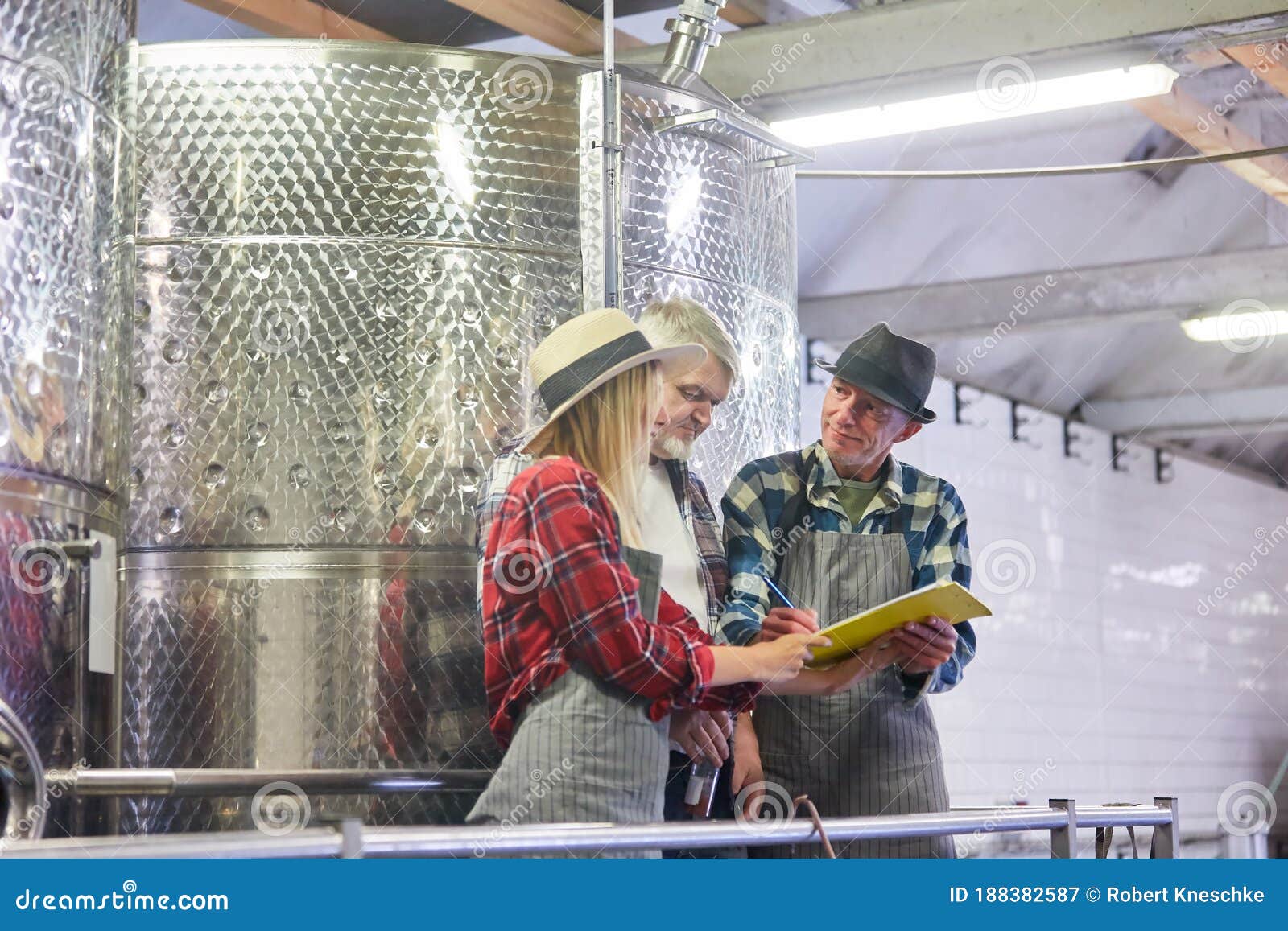 Winemaker and Team with Checklist in the Wine Cellar Stock Image ...
