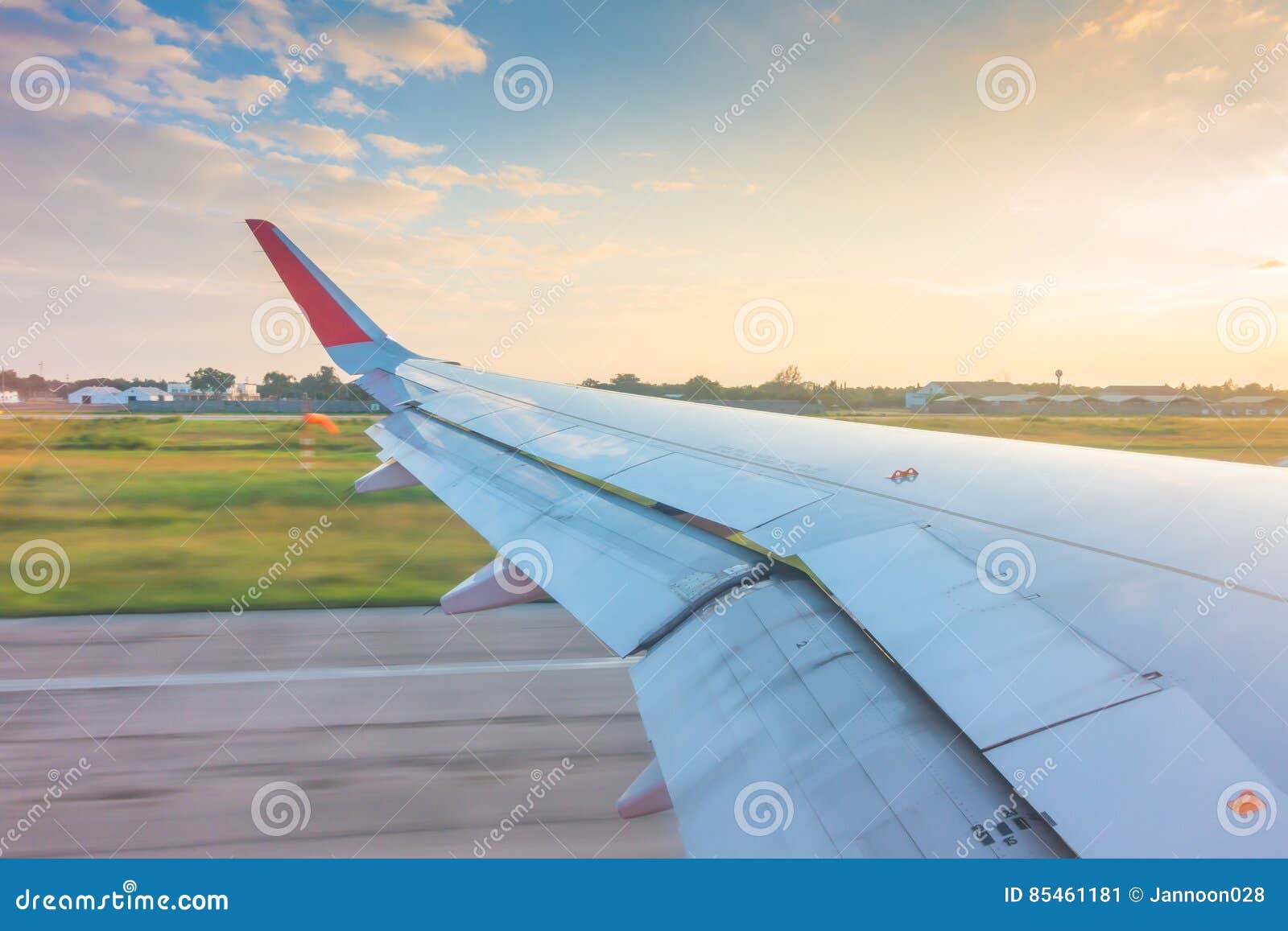 Wing while Breaking during Landing on Runway . Stock Image - Image of ...