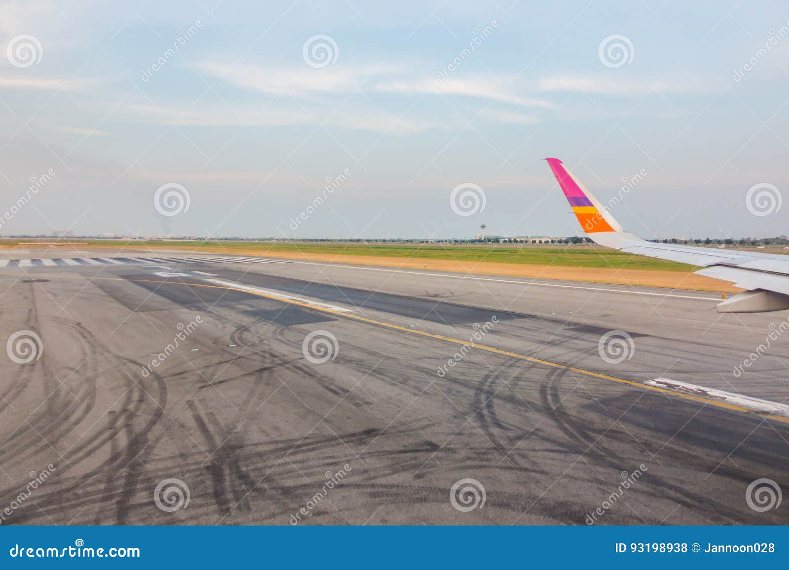 Wing while Breaking during Landing on Runway . Stock Photo - Image of ...
