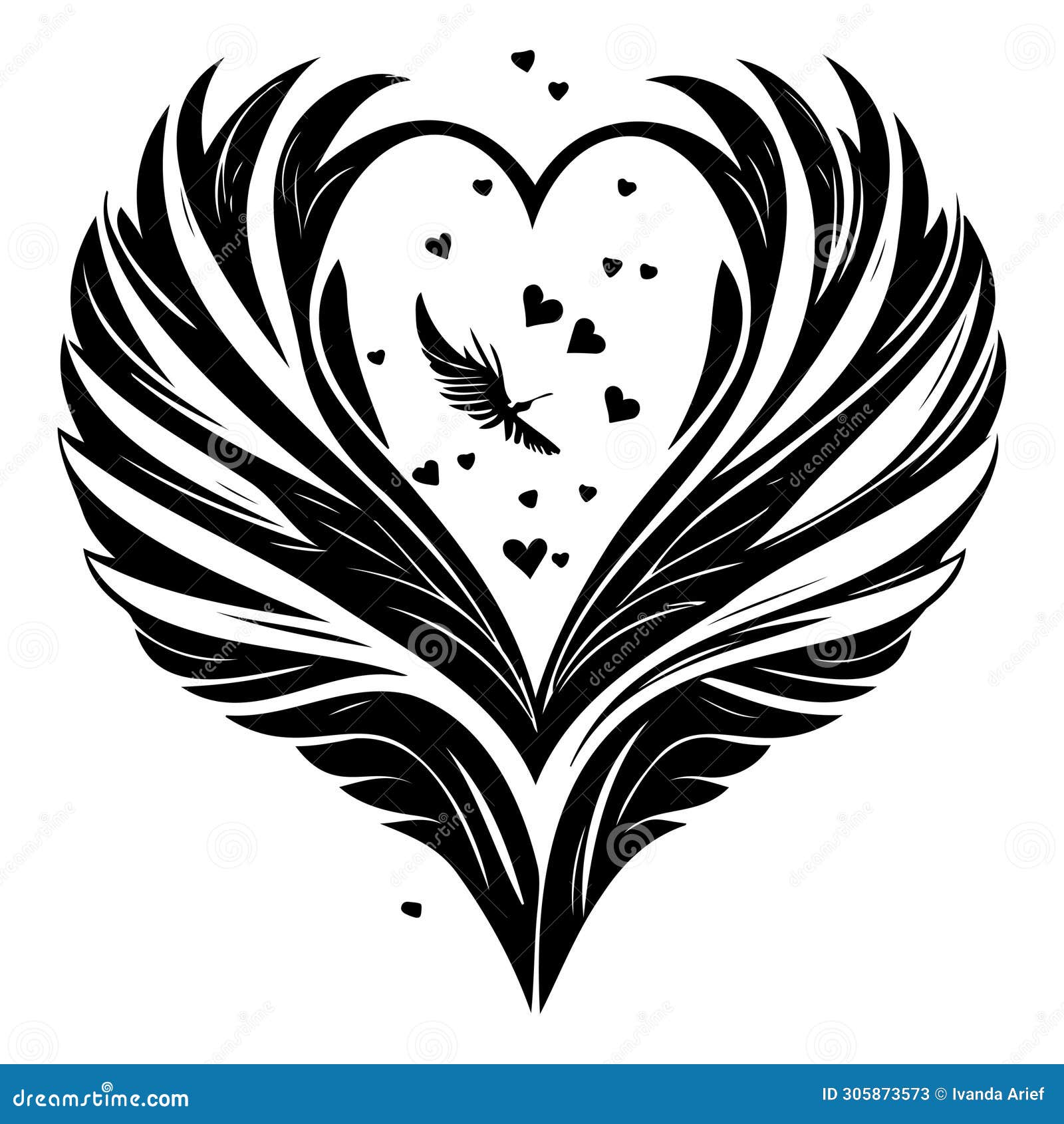 Wing Fly Heart Valentine Illustration Sketch Hand Draw Black Stock ...