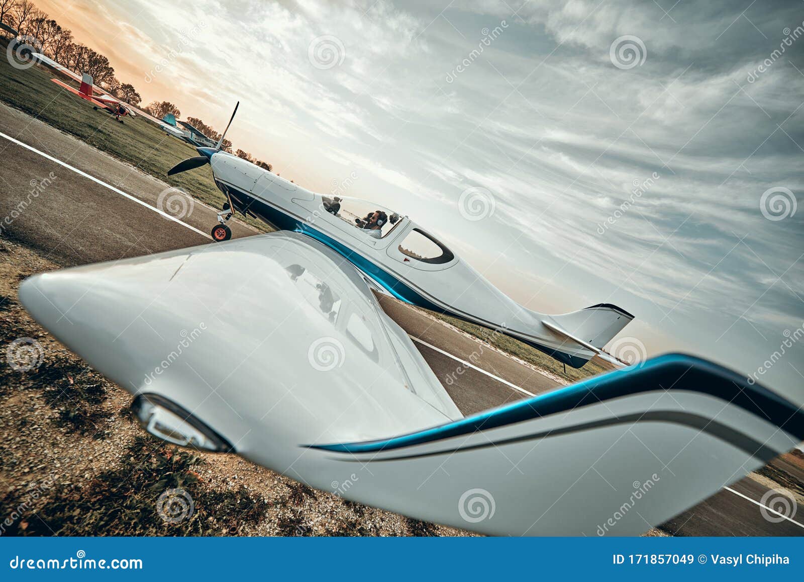 Wing of Small Sport Plane. Wide Angle Stock Image - Image of aeroplane ...