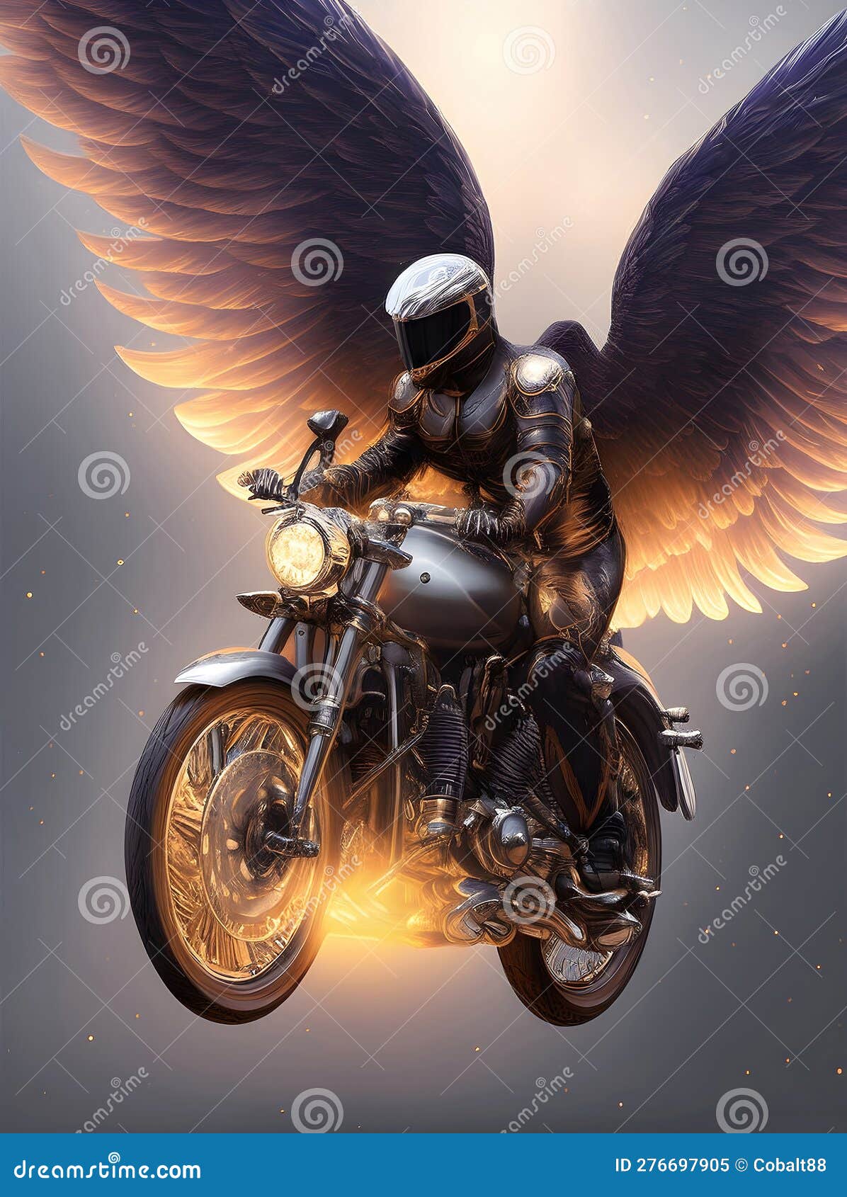 Winged Angel on a Motorcycle, an Angel Flying on a Motorcycle in a ...