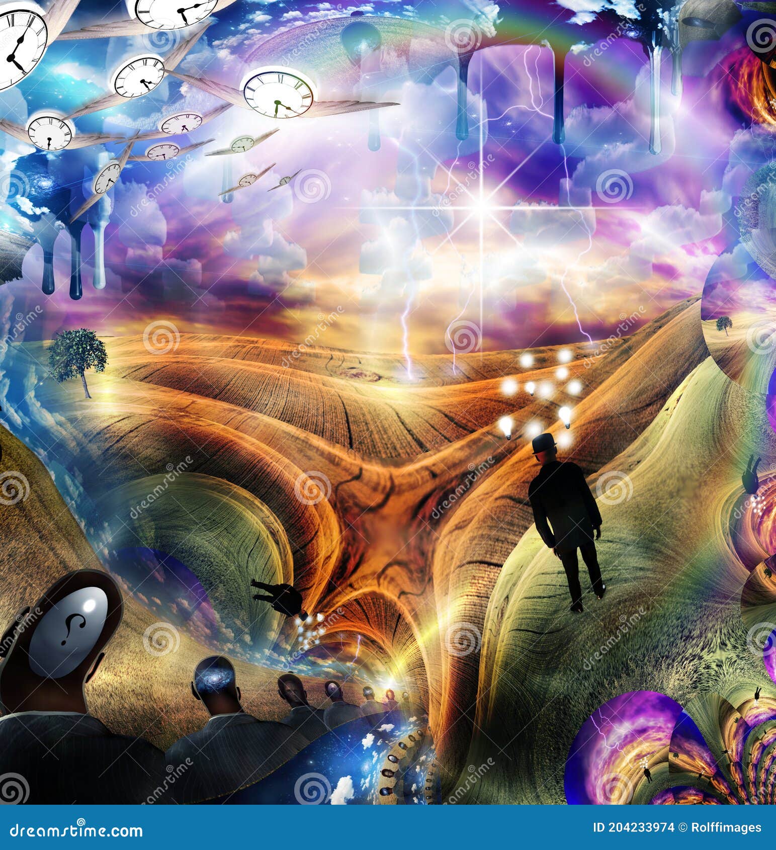 Flying into fantasy stock illustration. Illustration of bizarre - 204233974