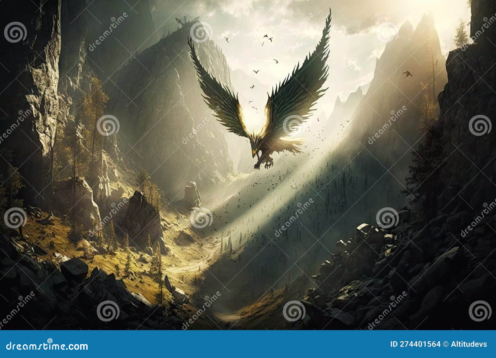 A Winged Creature Perched Atop A Mountain Peak. Fantasy Art. AI ...