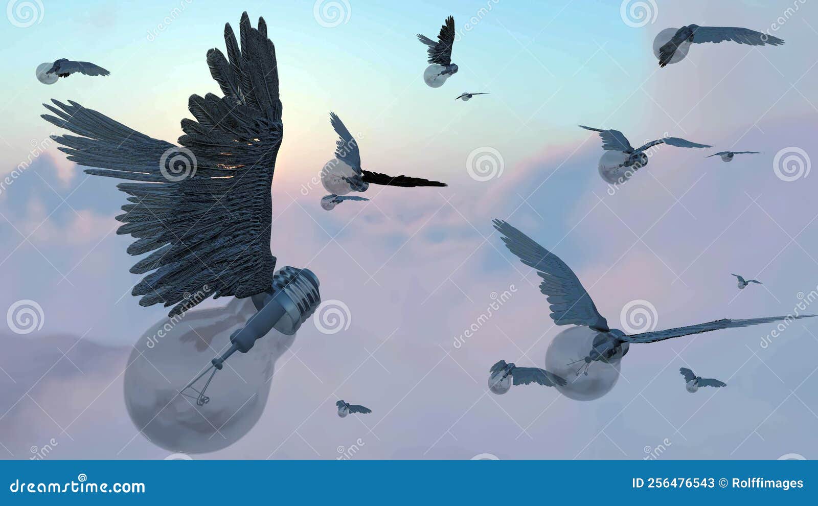 Winged Ideas. Flying Light Bulbs in Cloudy Sky Stock Illustration ...