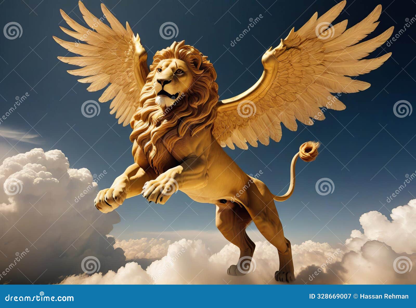 A Winged Lion Flying Over Golden Clouds Stock Illustration ...
