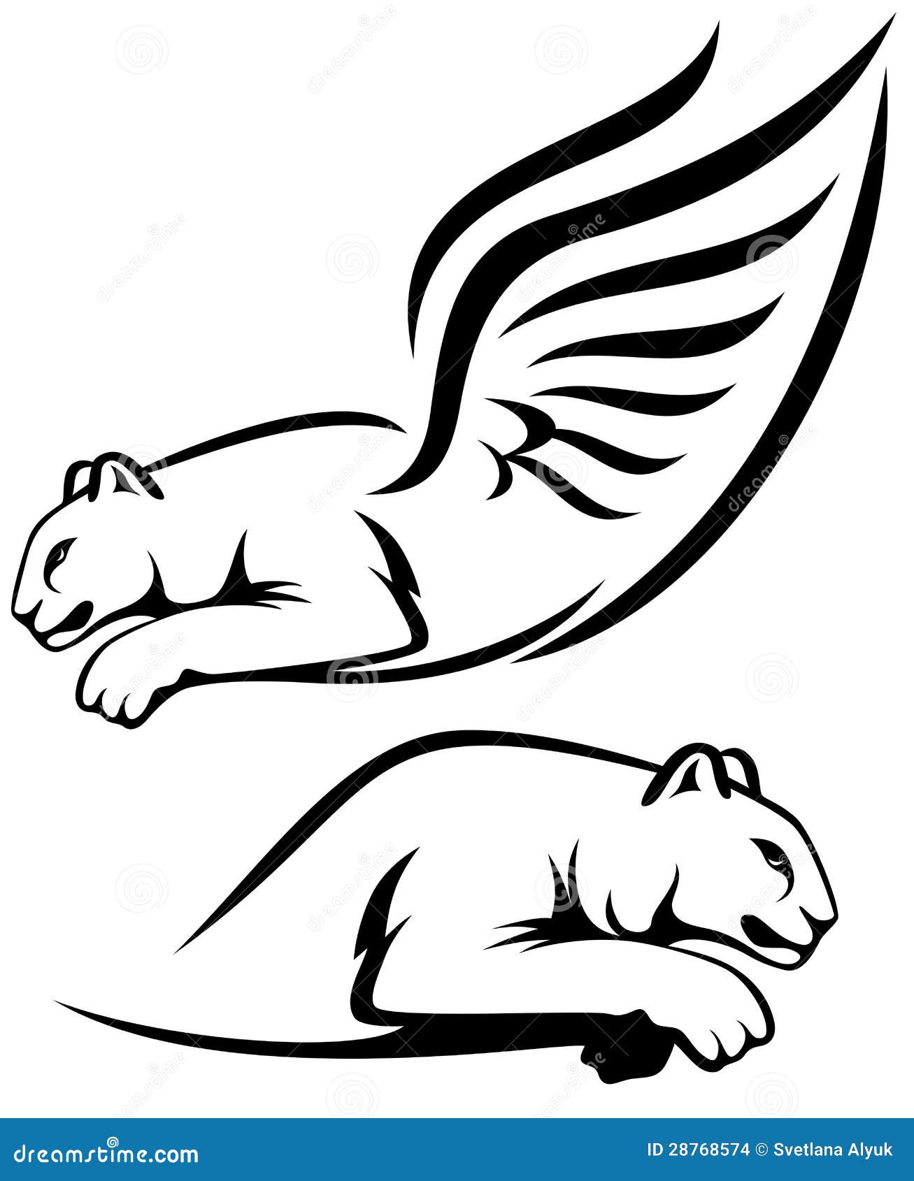 Winged Lioness Side View Black And White Vector Outline And Silhouette ...