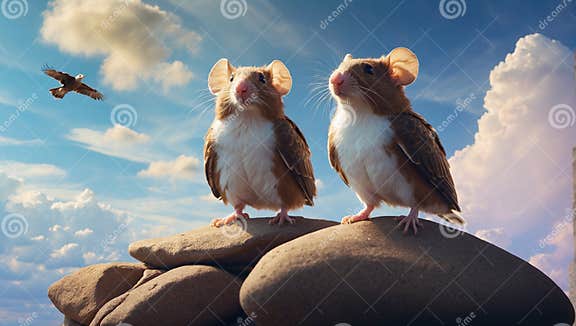 Winged Bird-mouse Hybrid Sits on a Rock, Wary of an Eagle Flying in the ...