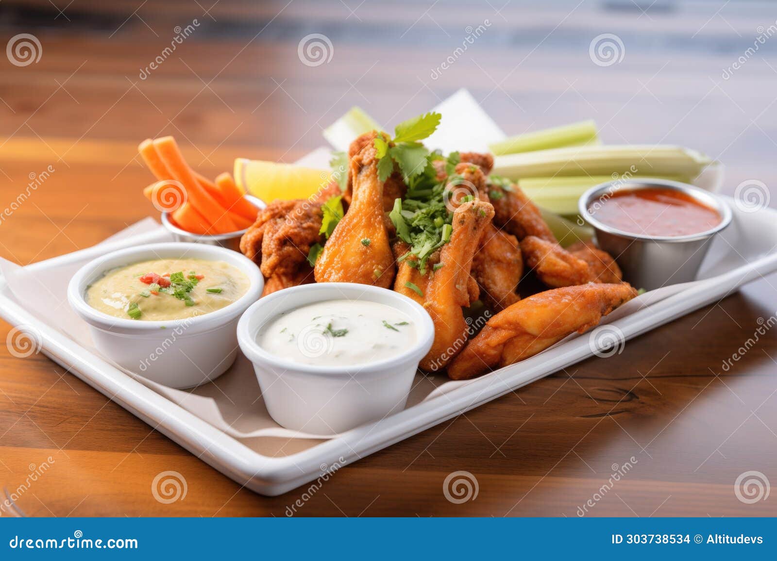 Wings Platter with Assorted Flavors and Dips Stock Photo - Image of ...
