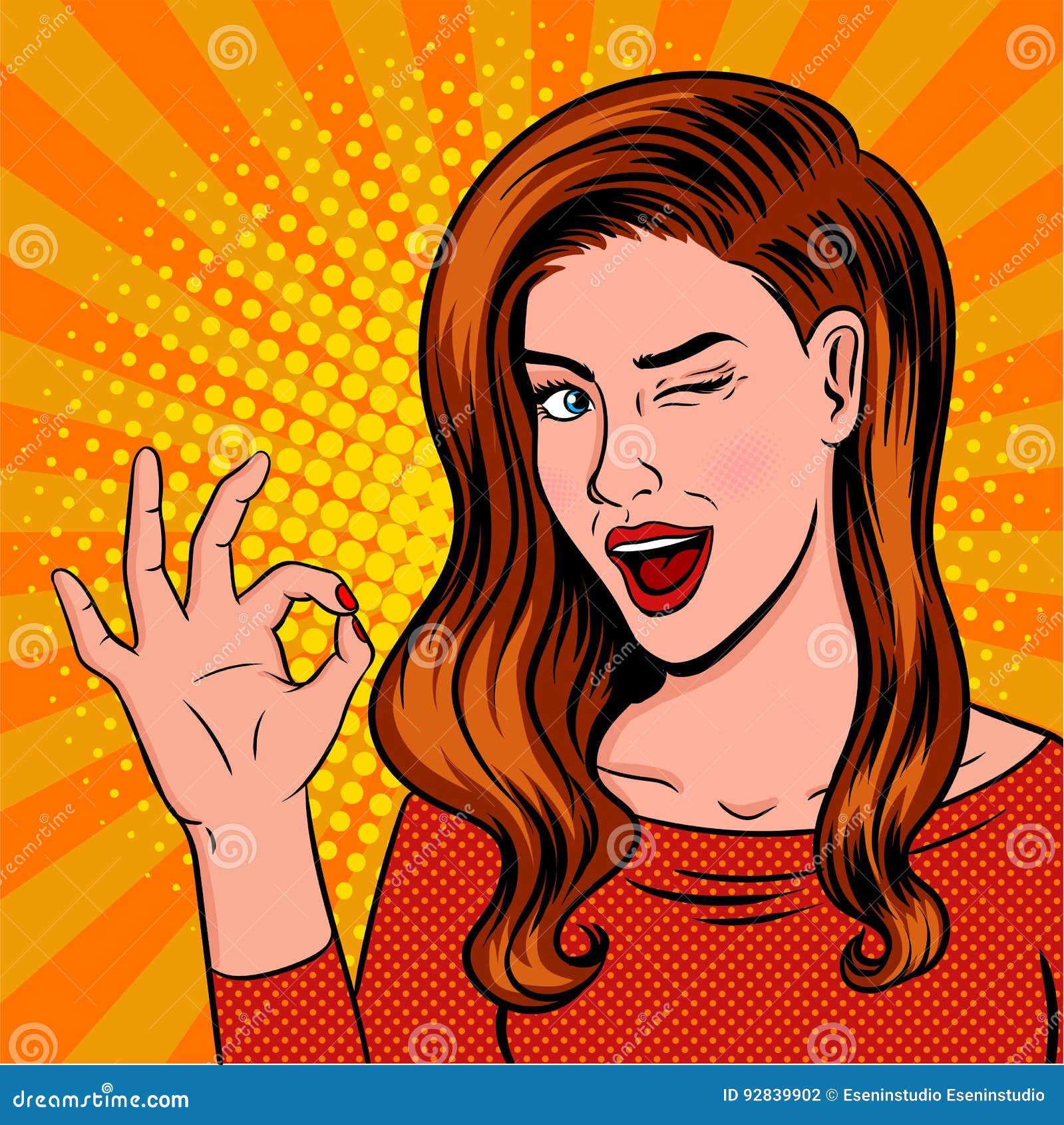 Winking Girl Pop Art Showing Ok Sign With Speech Bubble Royalty Free