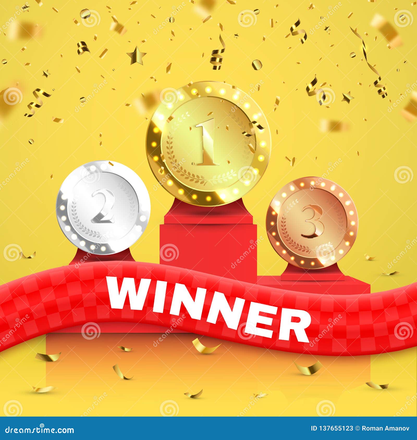 Winner Background. Podium With Confetti And Spotlights. Vector ...