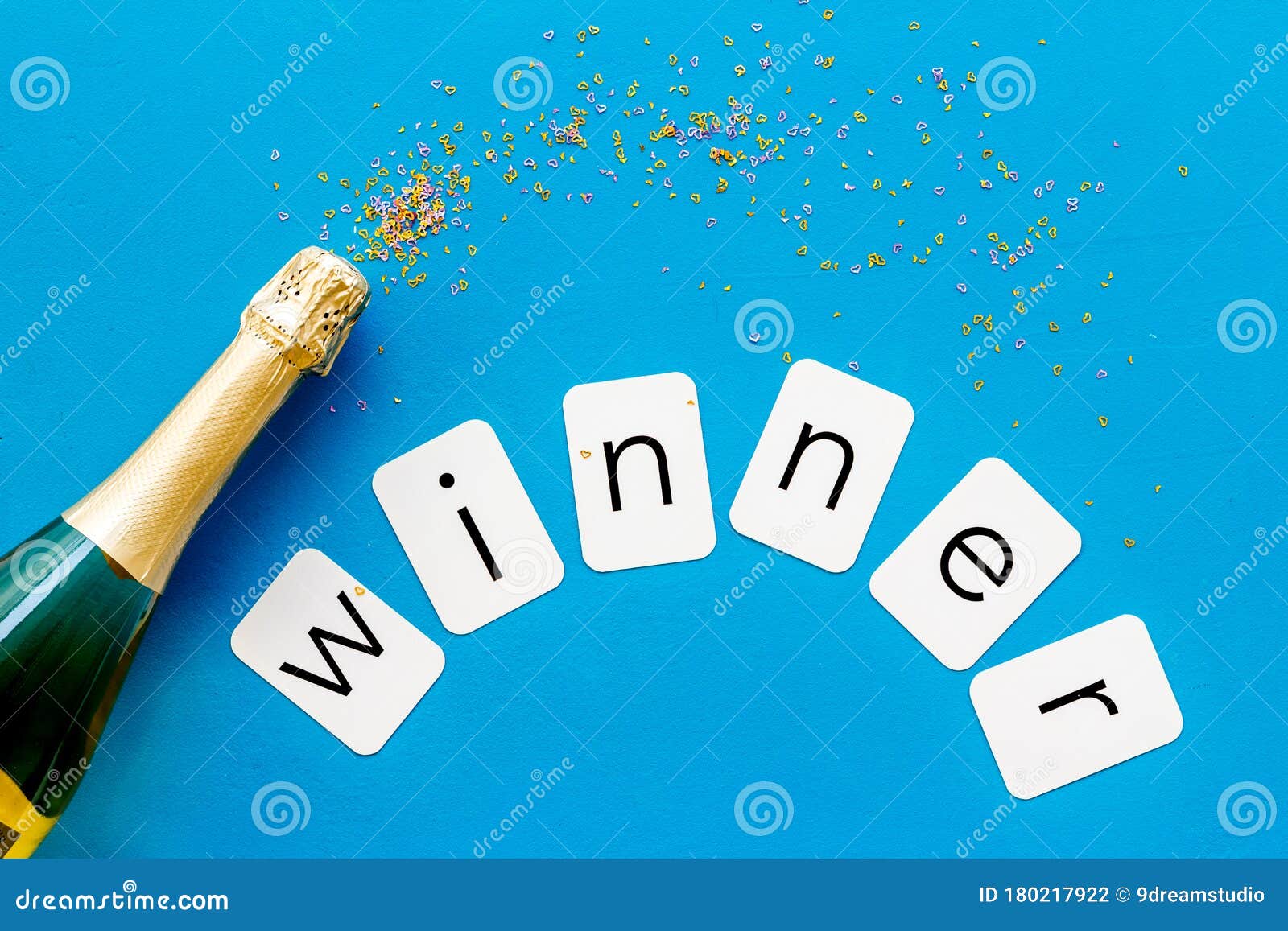 Winner Congratulation Concept with Champagne on Blue Background Top ...