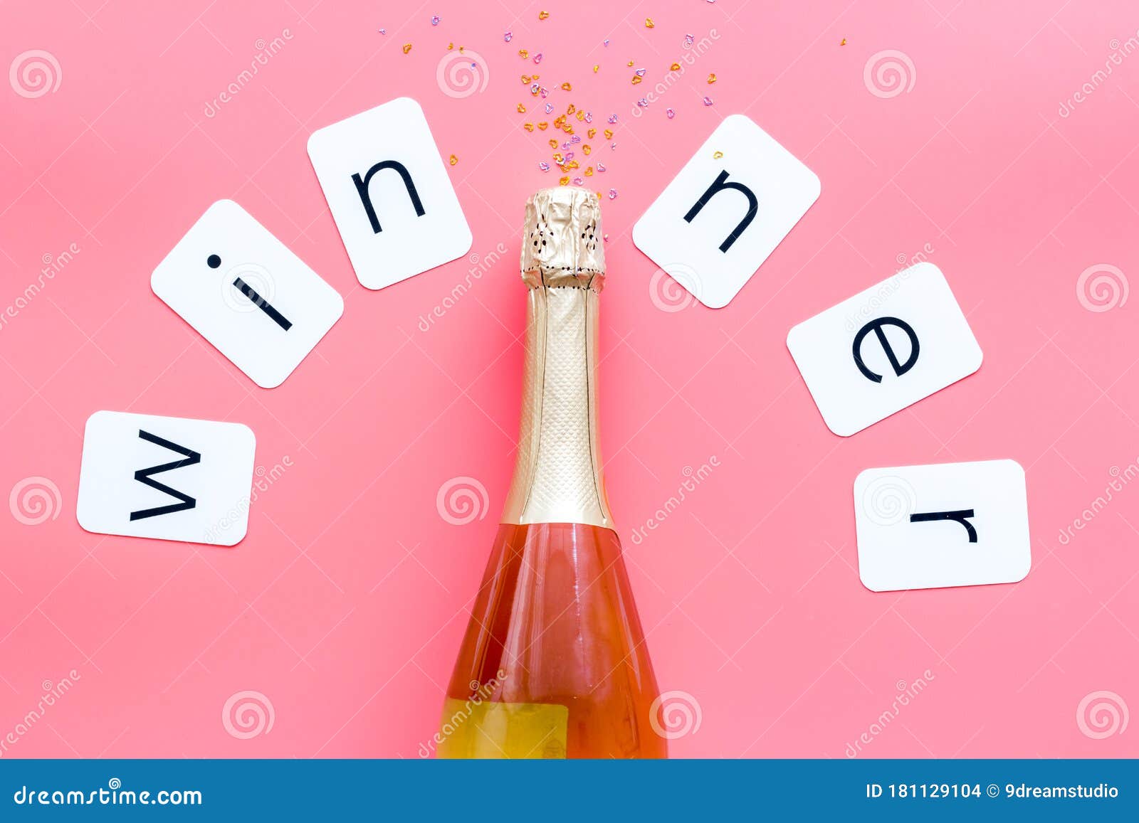 Winner Congratulation Concept with Champagne on Pink Background Top ...