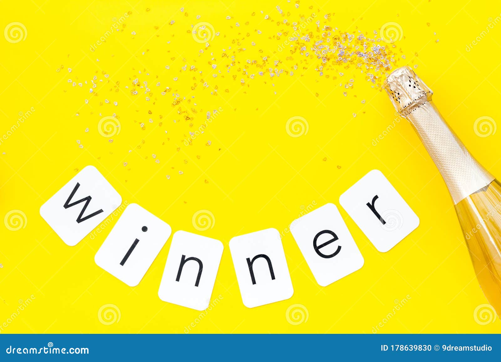 Winner Congratulation Concept with Champagne on Yellow Background Top ...