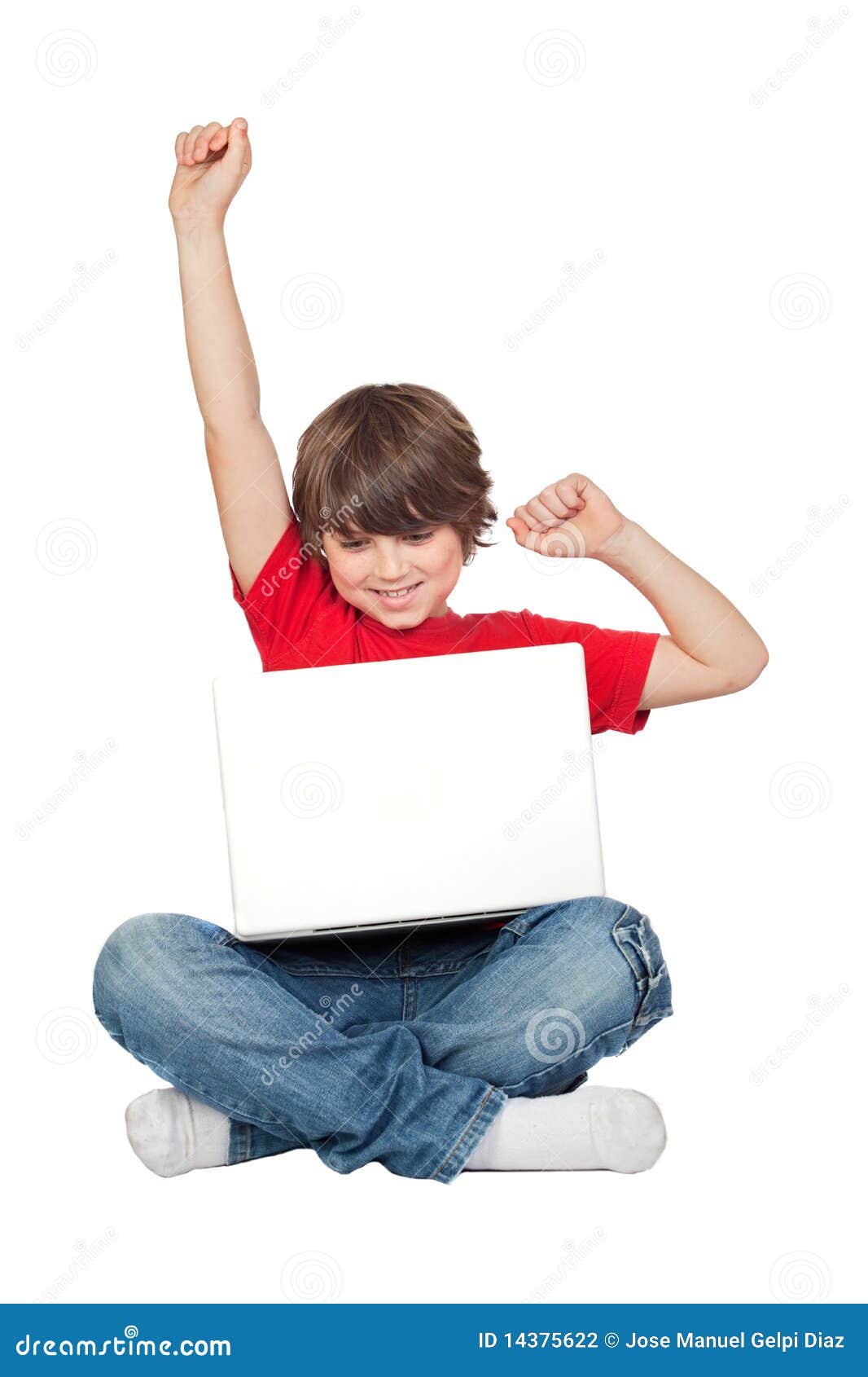Winner Little Boy Sitting with Laptop Stock Photo - Image of person ...