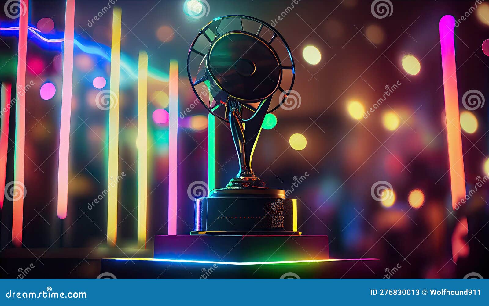 Winner Trophy on a Stage at Studio Illuminated by Neon Lights with ...