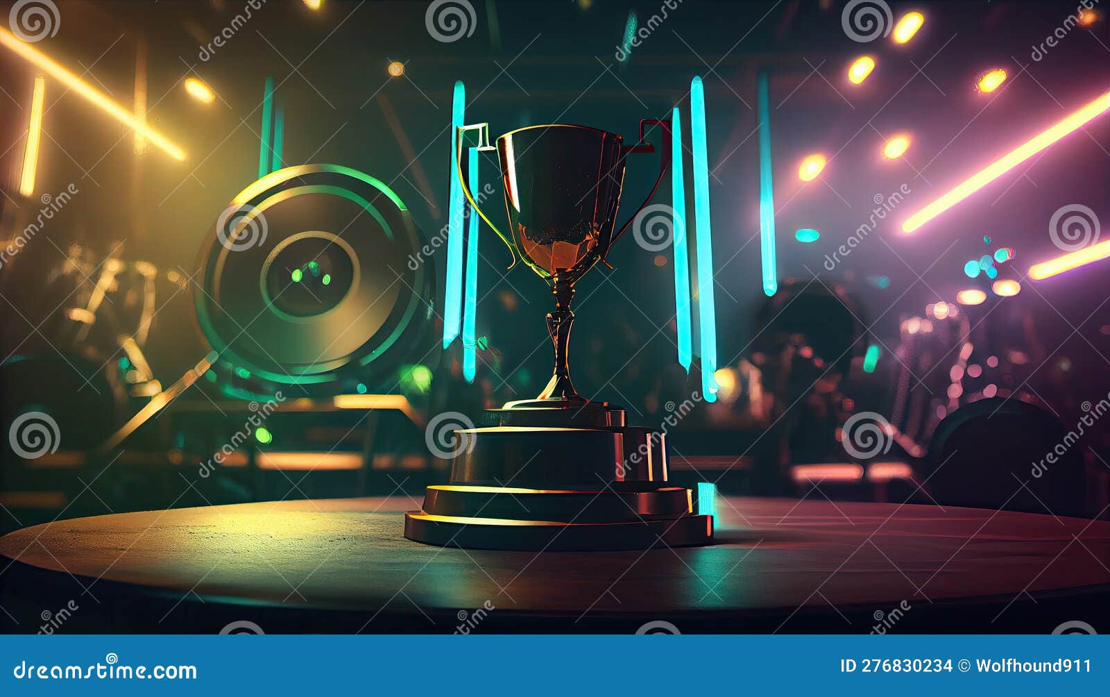 Winner Trophy on a Stage at Studio Illuminated by Neon Lights with ...