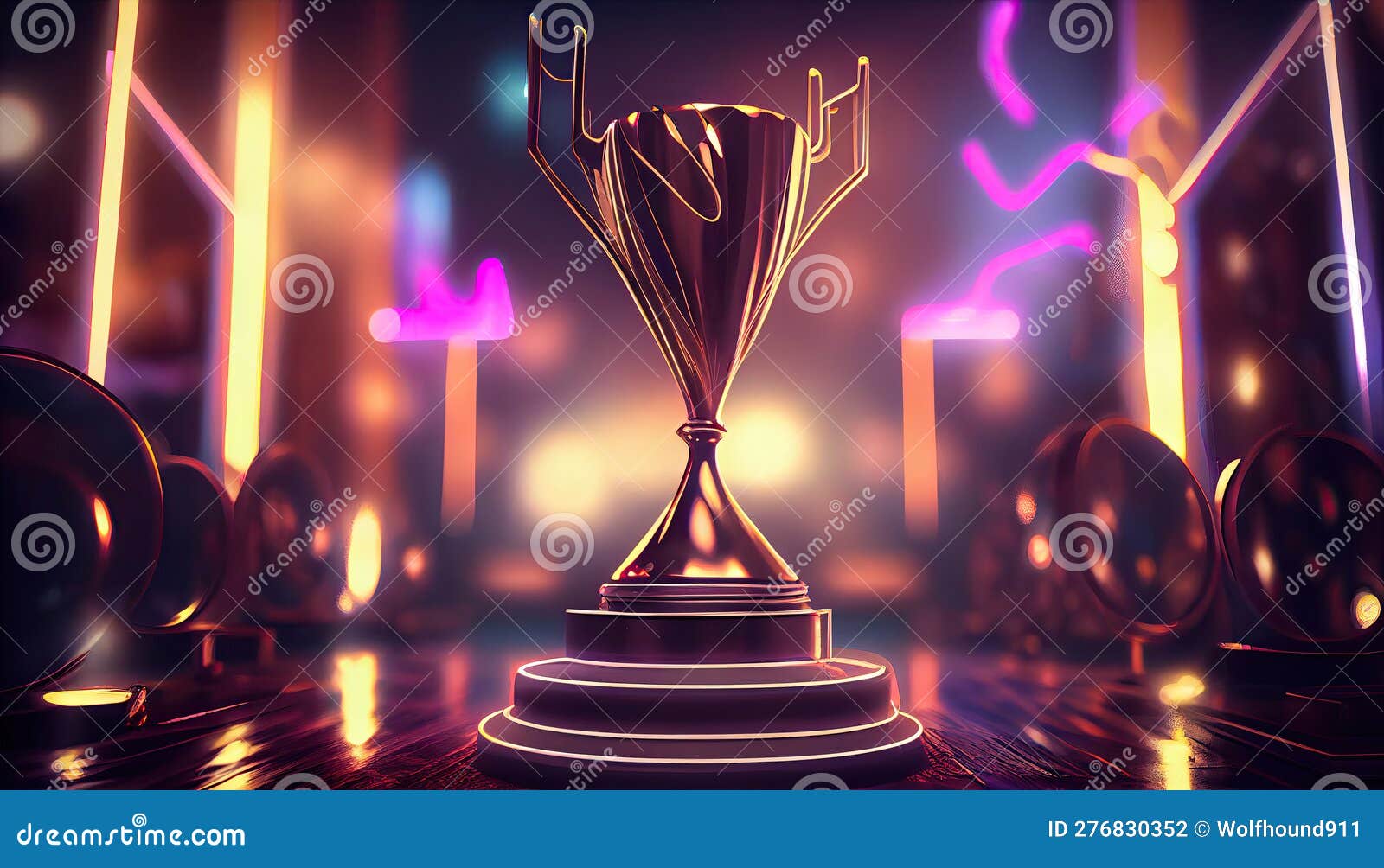Winner Trophy on a Stage at Studio Illuminated by Neon Lights with ...
