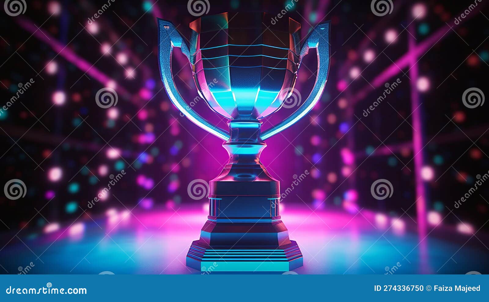 Winner Trophy on a Stage at Studio Illuminated by Neon Lights with ...