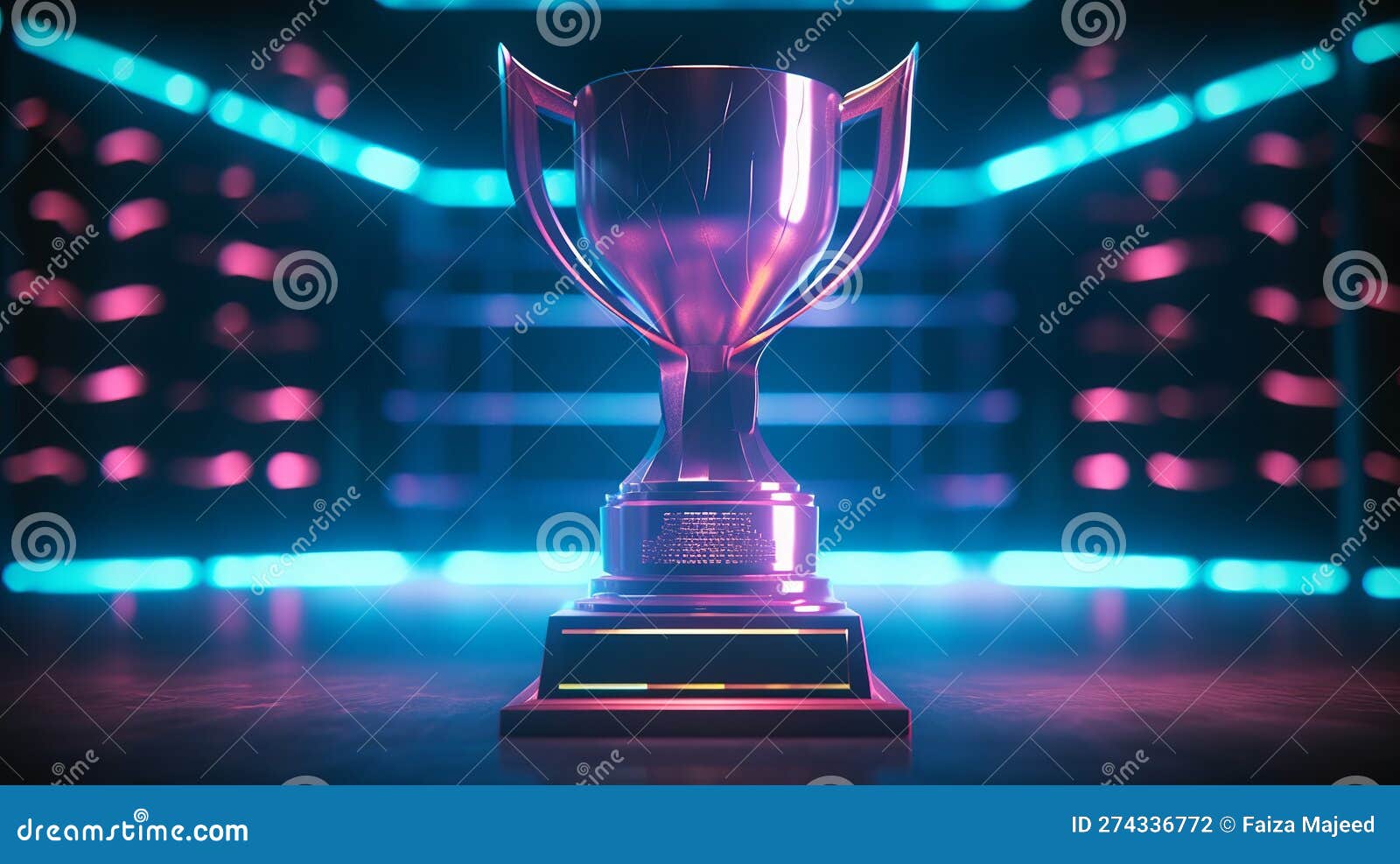 Winner Trophy on a Stage at Studio Illuminated by Neon Lights with ...