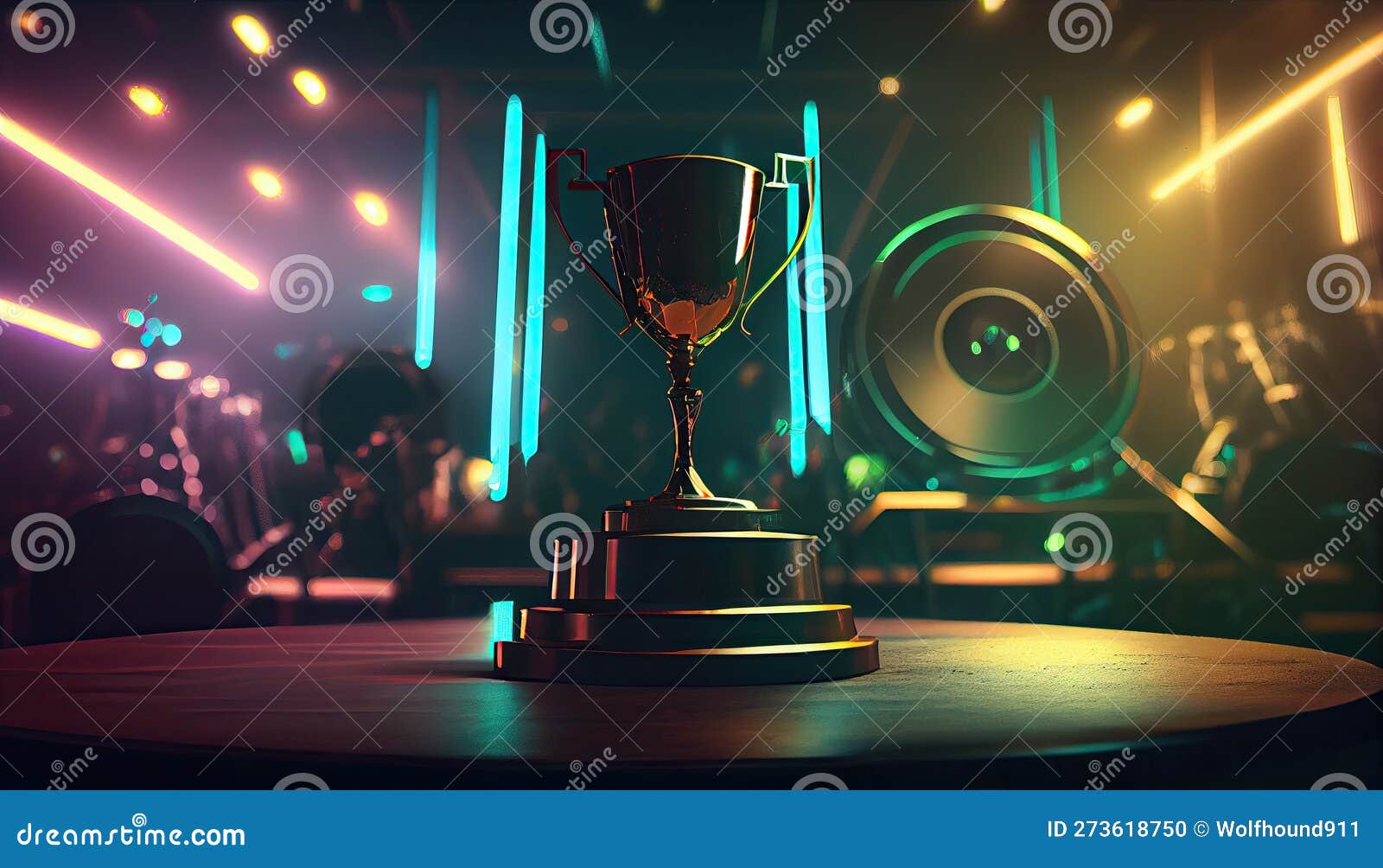 Winner Trophy on a Stage at Studio Illuminated by Neon Lights with ...