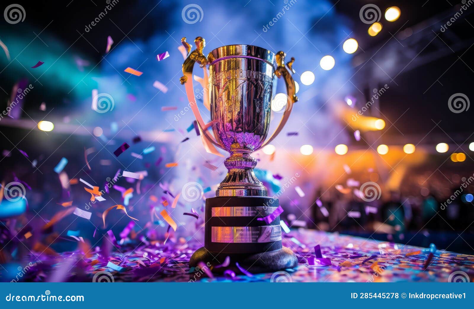 A Winners Champion Trophy with Glowing Neon Lighting and Falling ...