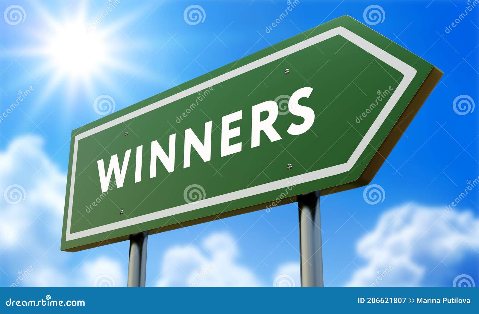 Winners Green Road Sign Against Clouds and Sunburst Stock Image - Image ...