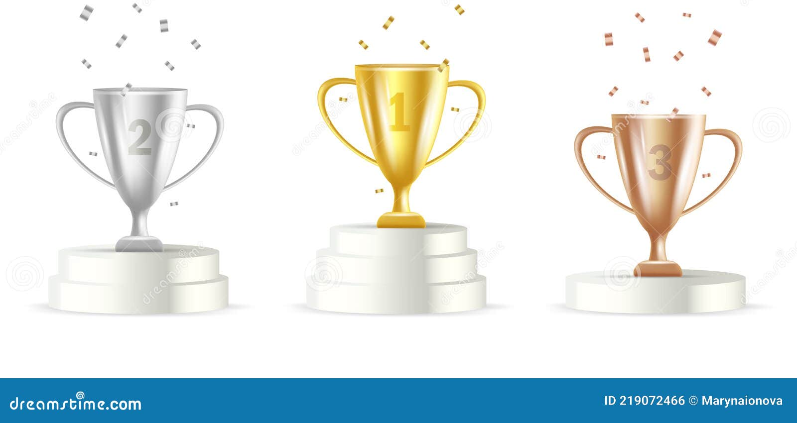 Winners Podium with Gold, Silver and Bronze Cups 3d Illustration with ...