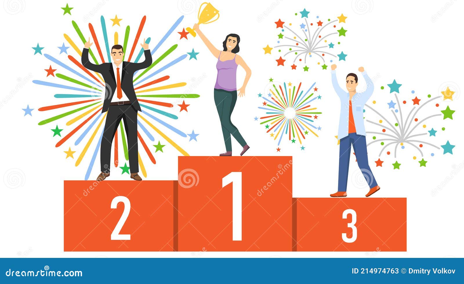 Winners Stand On The Podium. Man Celebrate Holding A Trophy Award ...