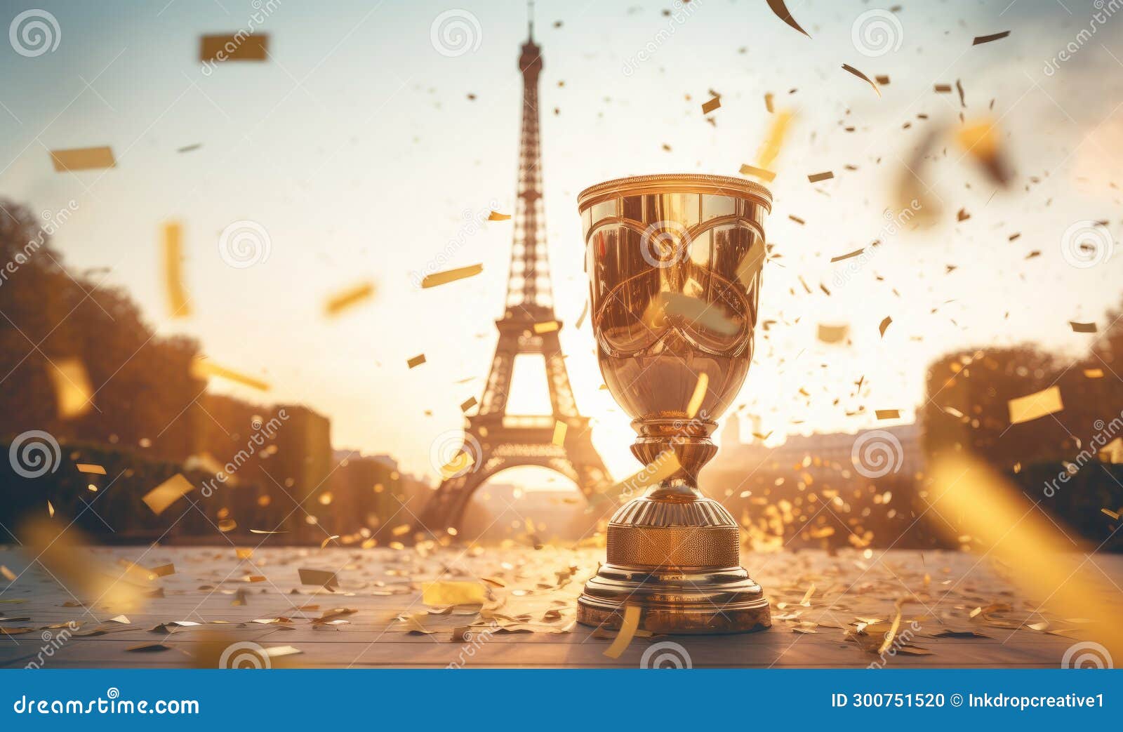 A Winners Trophy with Falling Confetti and Streamers in the Background ...