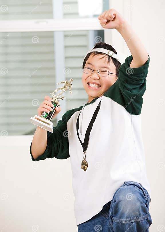 Winning Boy with His Medal and Trophy Stock Image - Image of award ...