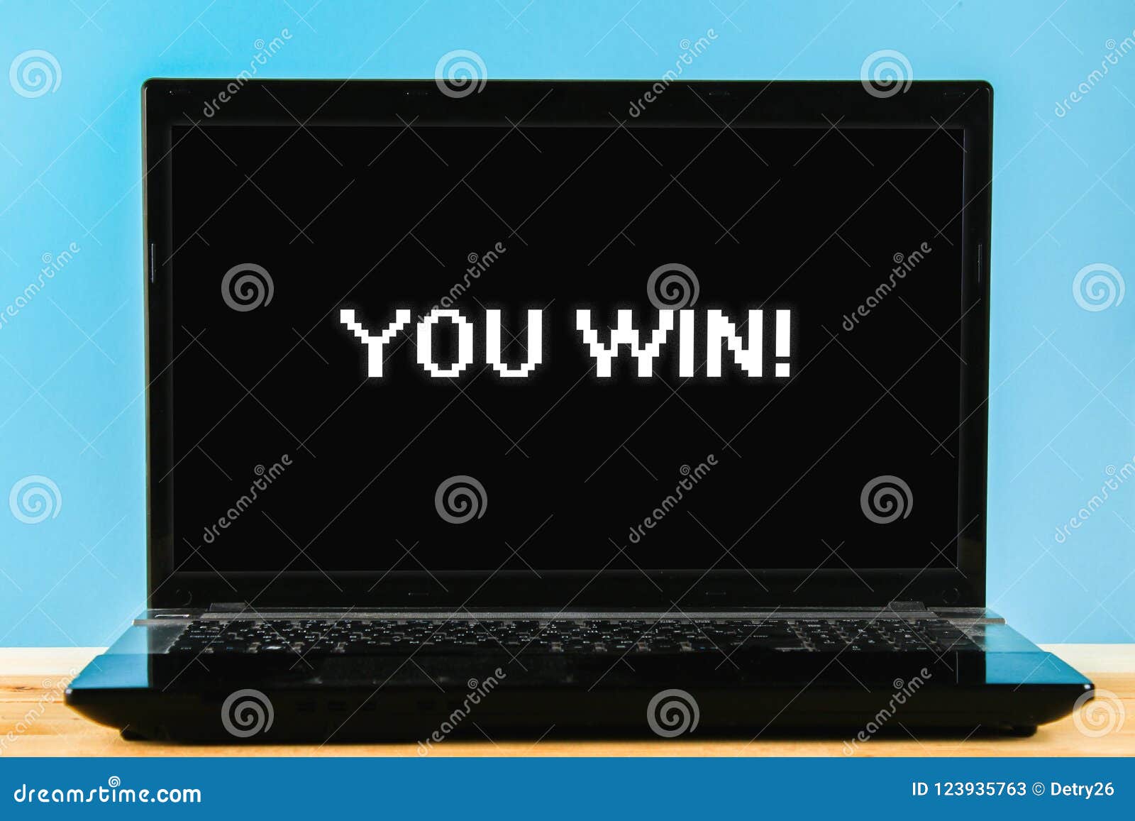 Winning a Computer Game. Laptop on the Table. Stock Image - Image of ...