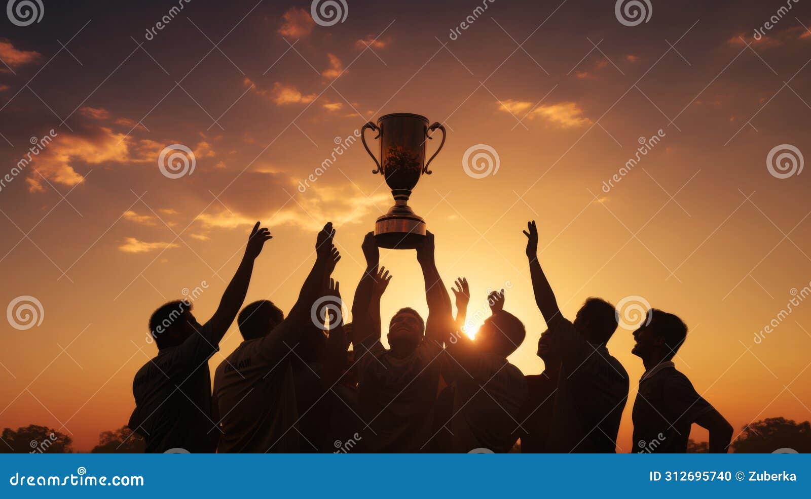 Winning Team with Gold Trophy Against Sunset Stock Illustration ...