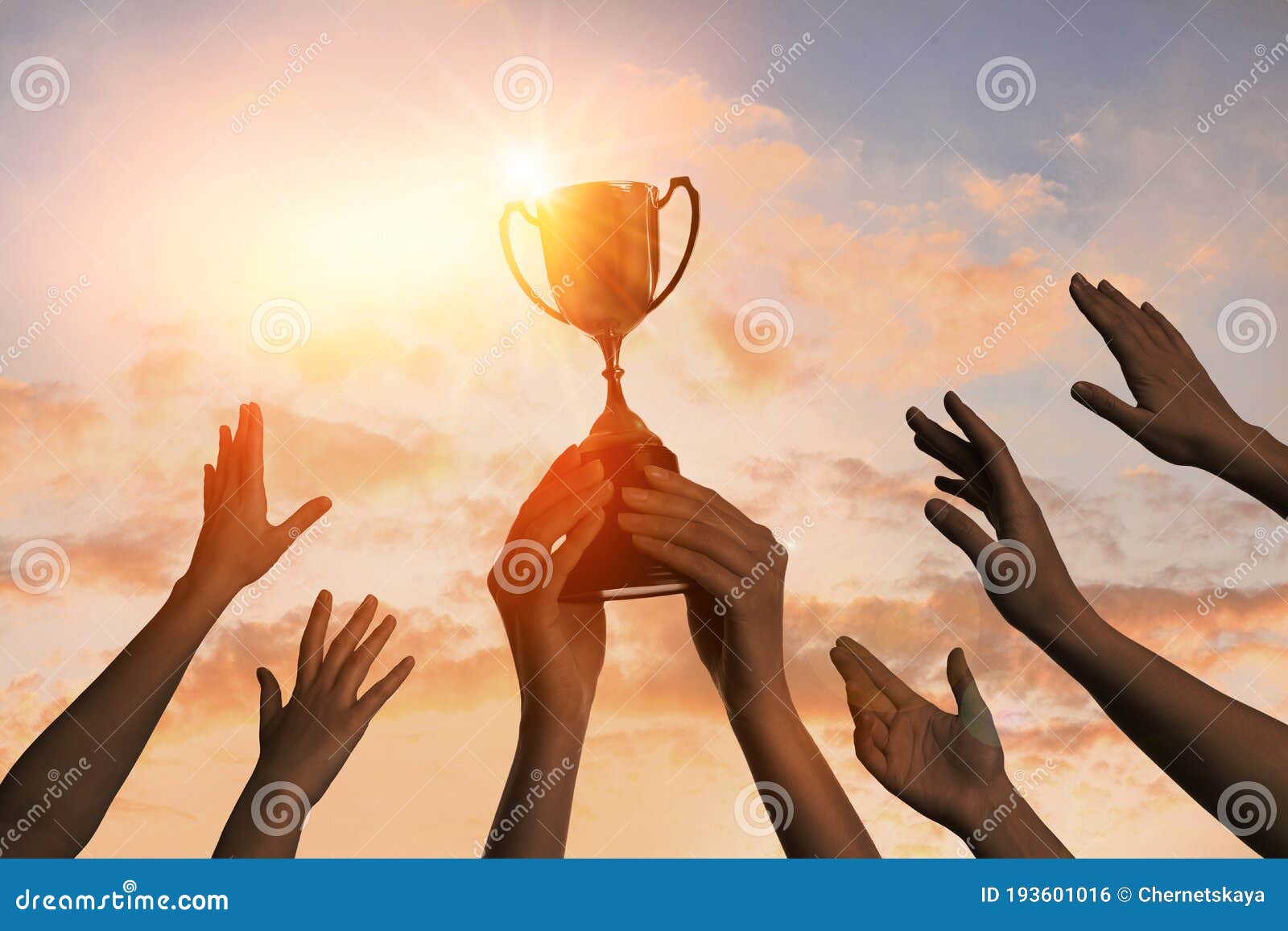 Winning Team with Gold Trophy Cup Against Sun in Sky Stock Photo ...