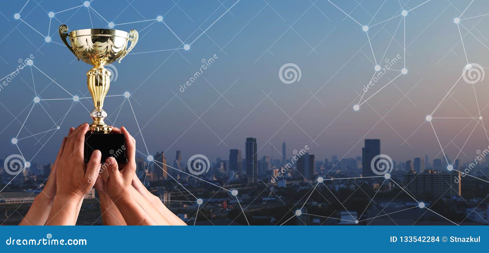 Winning Team Raise Trophy Cup with Digital Background, Digital a Stock ...