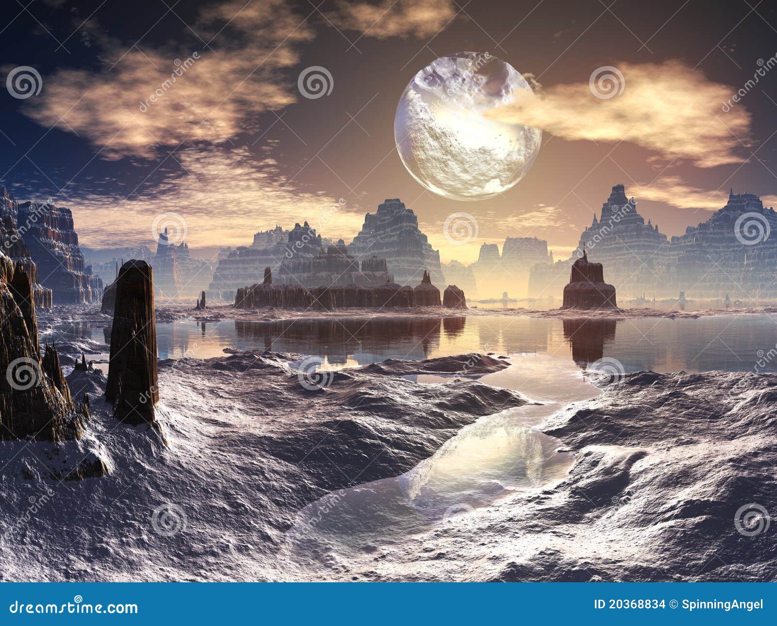 Winter Alien Landscape With Damaged Moon In Orbit Stock Illustration ...