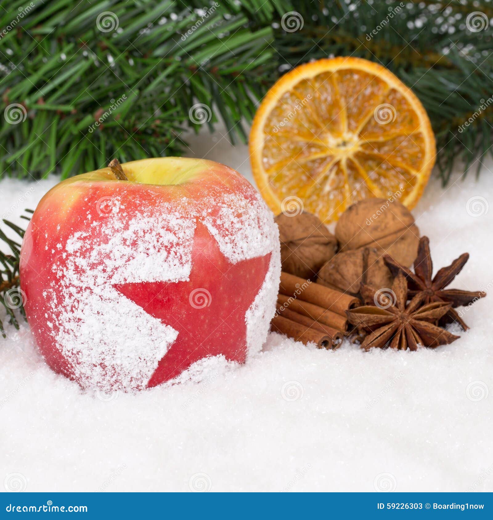 Winter Apple Fruit on Christmas with Snow and Star Stock Image - Image ...