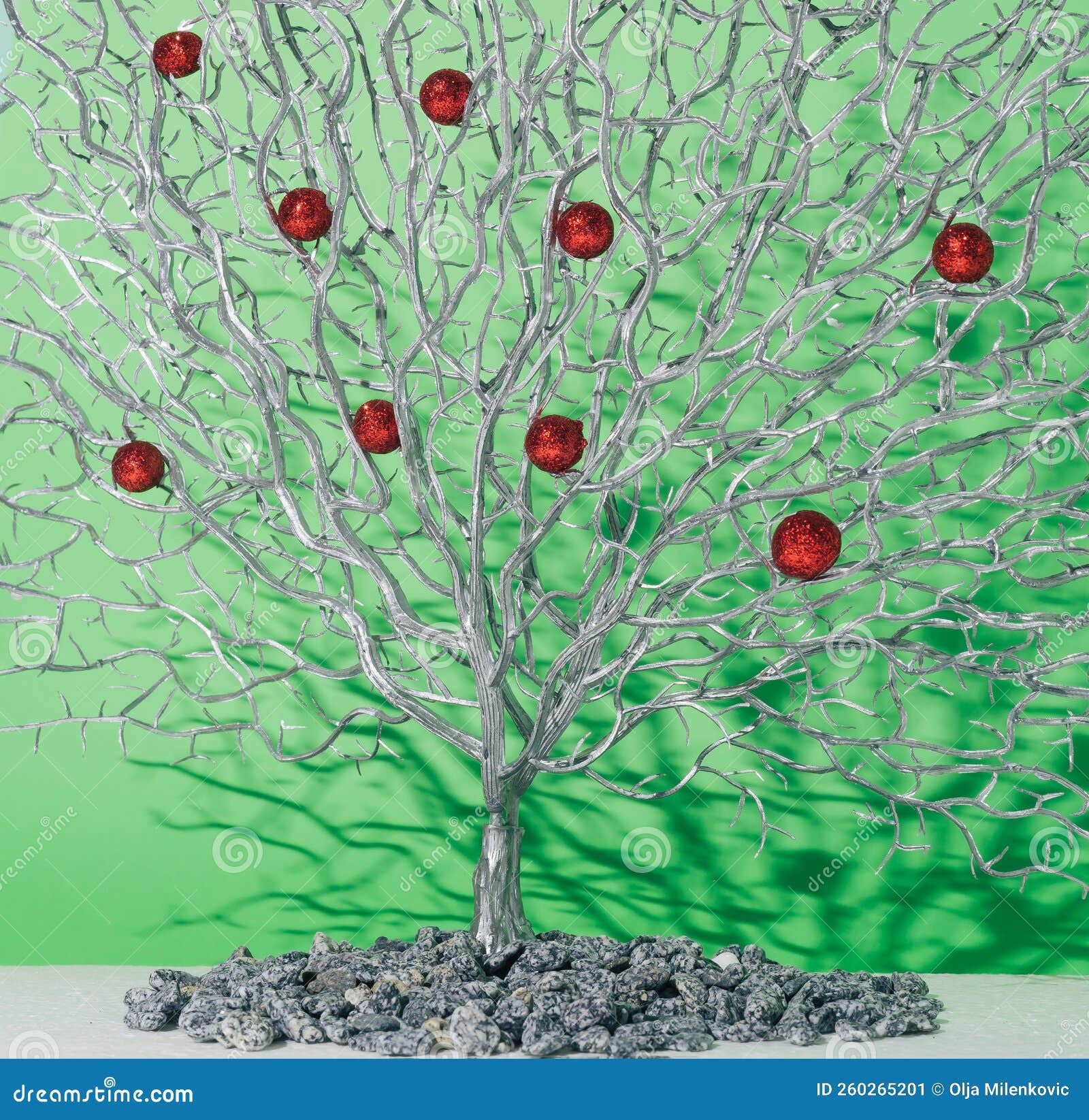 Winter Atmosphere Tree with Red Balls instead of Leaves. Silver ...