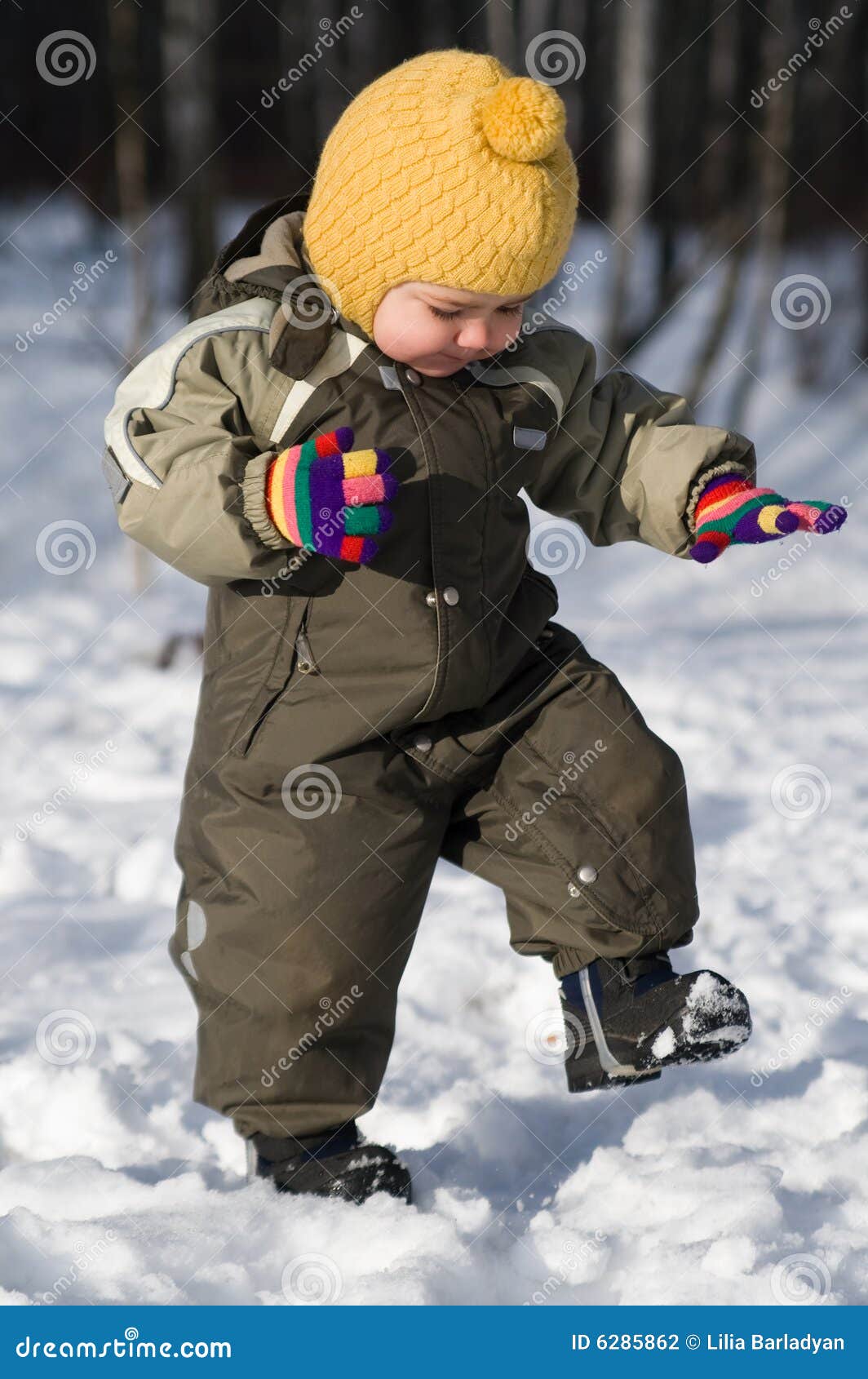 Winter Baby Stap Against Snow Forest Stock Photo - Image of snowing ...