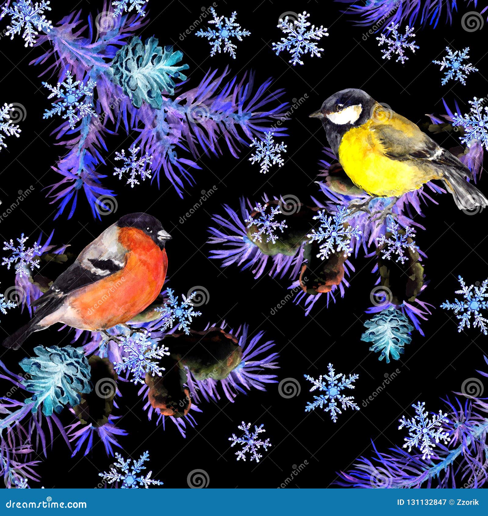 Winter Birds, Pine Tree Branches, Snowflakes. Seamless Pattern in Neon ...