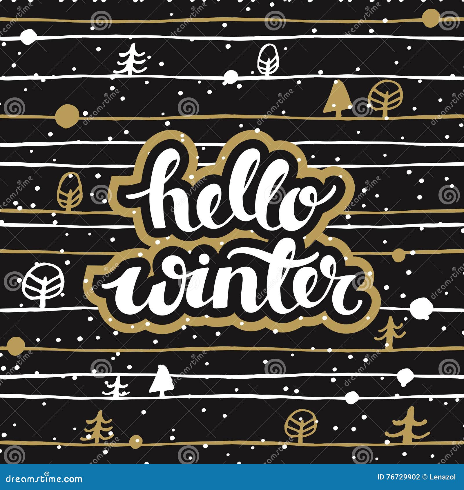 Winter Black Background with Funny Trees and Hand Drawn Words Hello ...