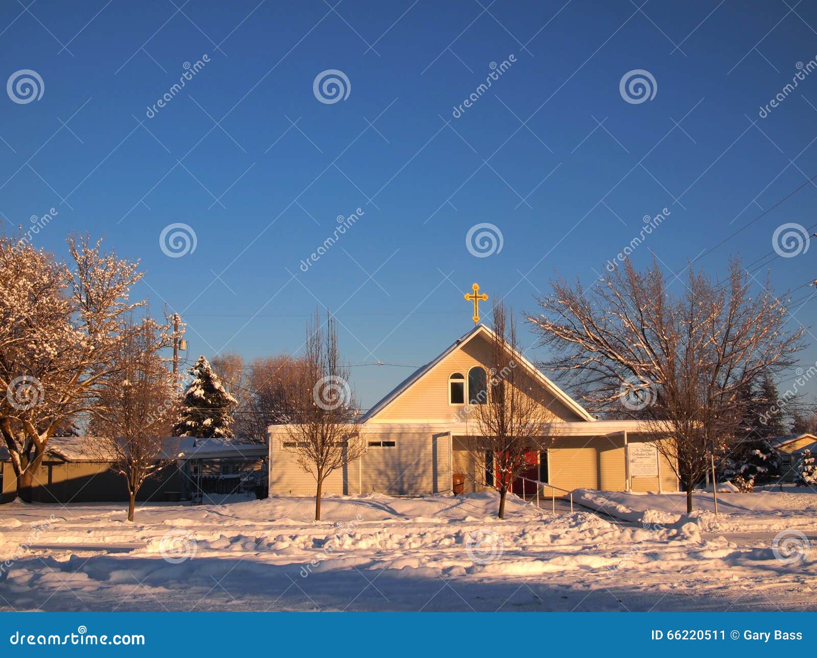 Winter and Blue Sky Church Scene. Stock Image - Image of worship ...