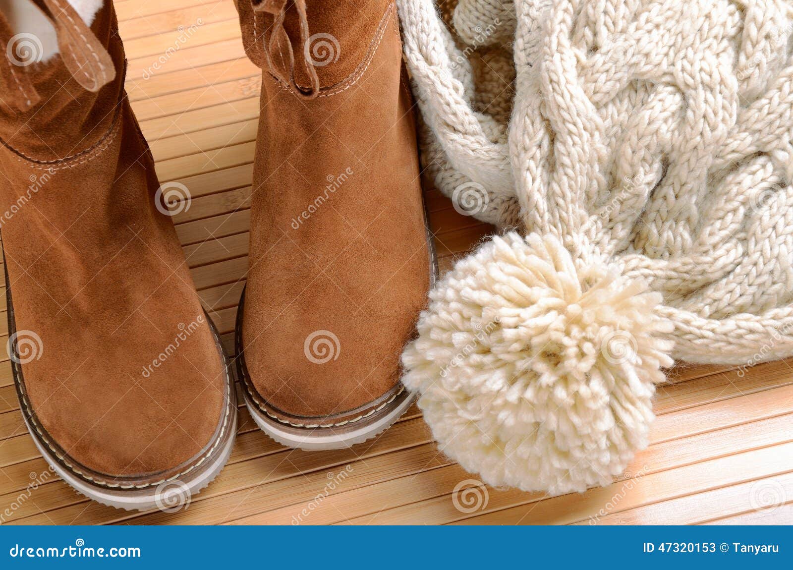 Winter Boots, Hat and Scarf on the Floor Stock Image - Image of bubo ...