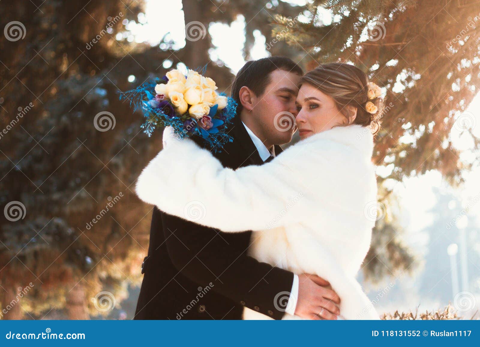 Winter Bright Wedding Bride and Groom Couple Stock Photo - Image of ...