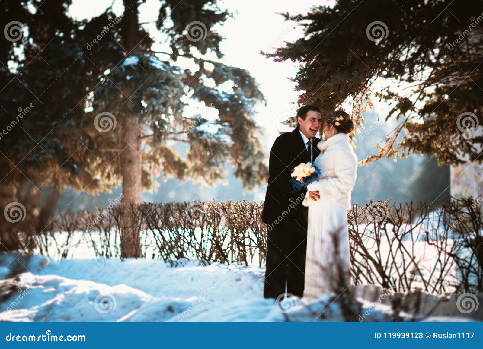 Winter Bright Wedding Bride and Groom Couple Stock Photo - Image of ...