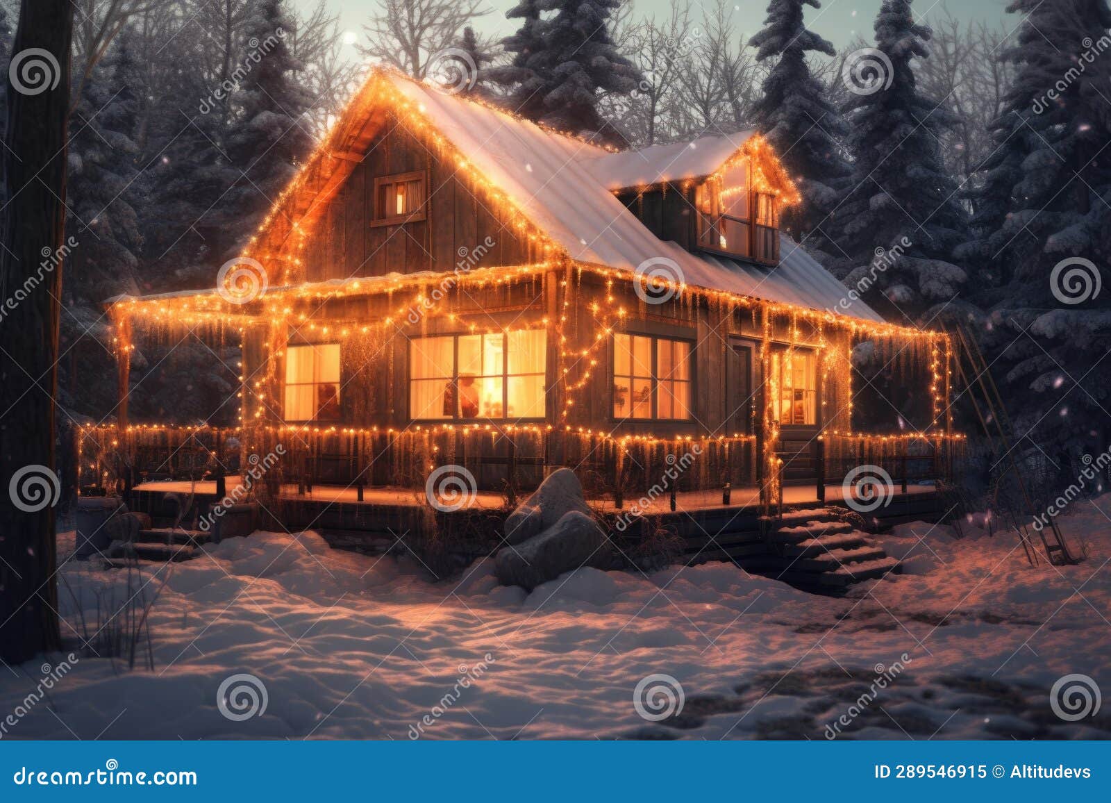 Winter Cabin Illuminated by String Lights at Night Stock Image - Image ...